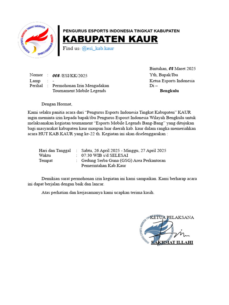 Surat Permohonan Izin Tournament MLBB 2025 ESI.KabKAUR | PDF