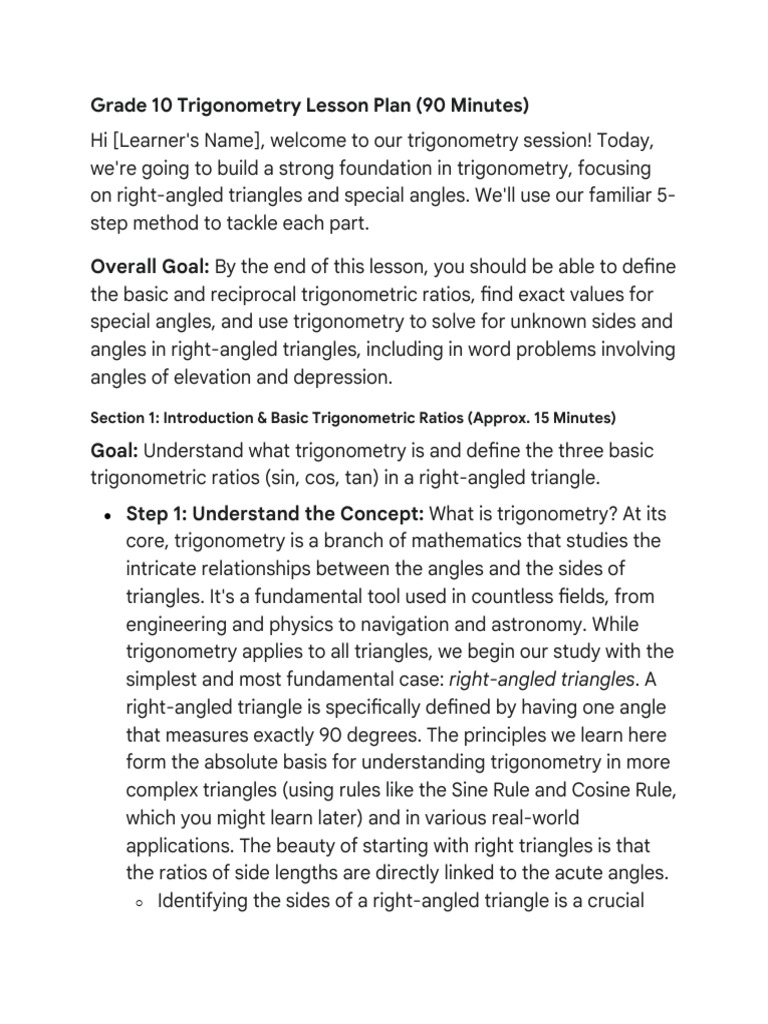 Grade 10 Trigonometry Lesson Plan (90 Minutes) | PDF | Trigonometric ...