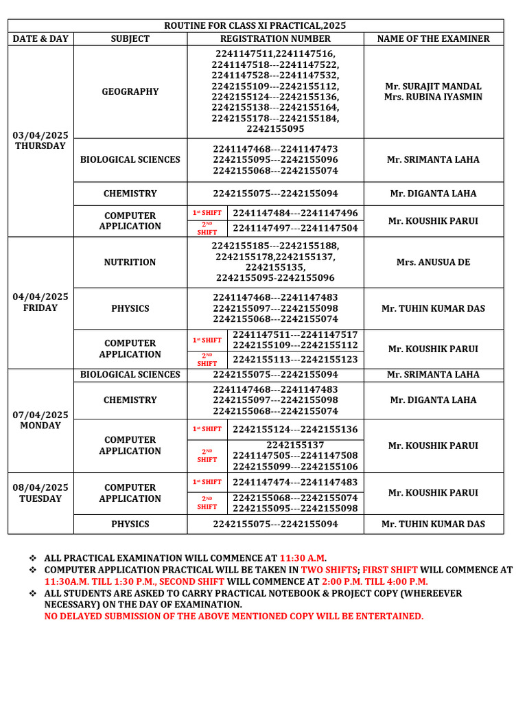 ROUTINE FOR CLASS XI PRACTICAL 2025 | PDF