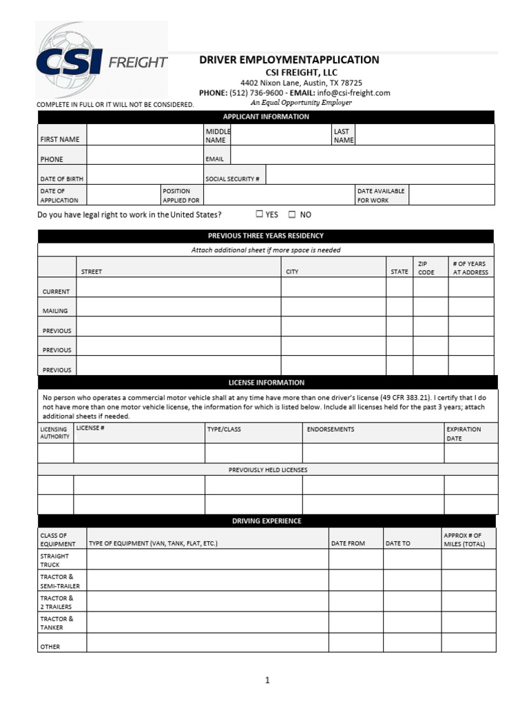 Truck Driver Employment Application Form | PDF | Truck | Land Transport