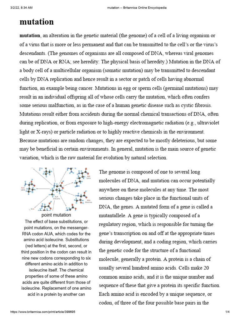 Mutation - Britannica Online Encyclopedia | PDF | Mutation | Gene