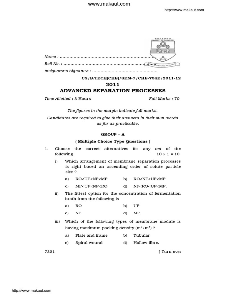 Btech Che 704e Advanced Separation Process 2011 | PDF | Membrane Technology