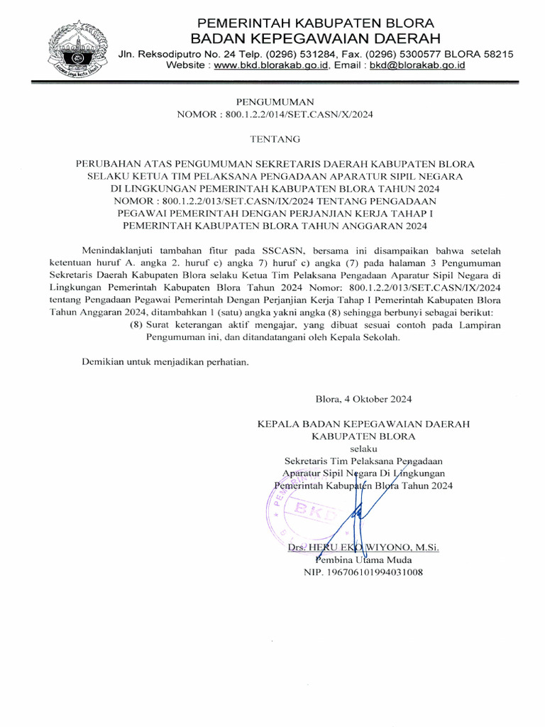 Perubahan Pengumuman Setda Pengadaan PPPK TH 2024 | PDF