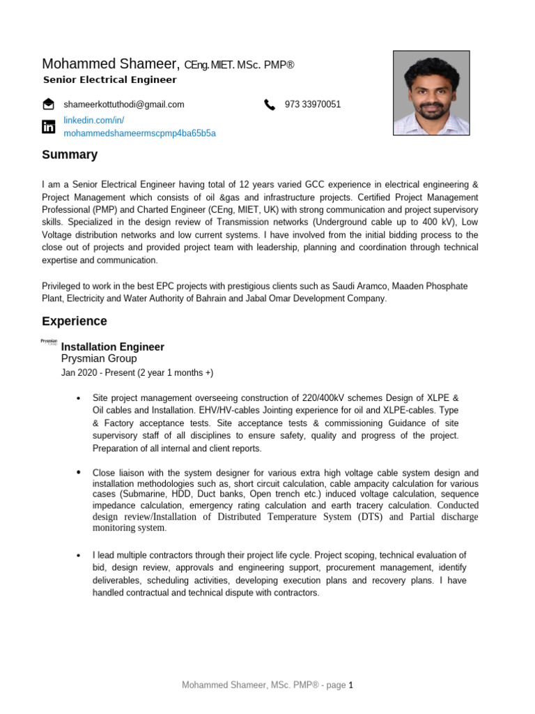 Senior Electrical Engineer Resume | PDF | Electric Power Distribution ...