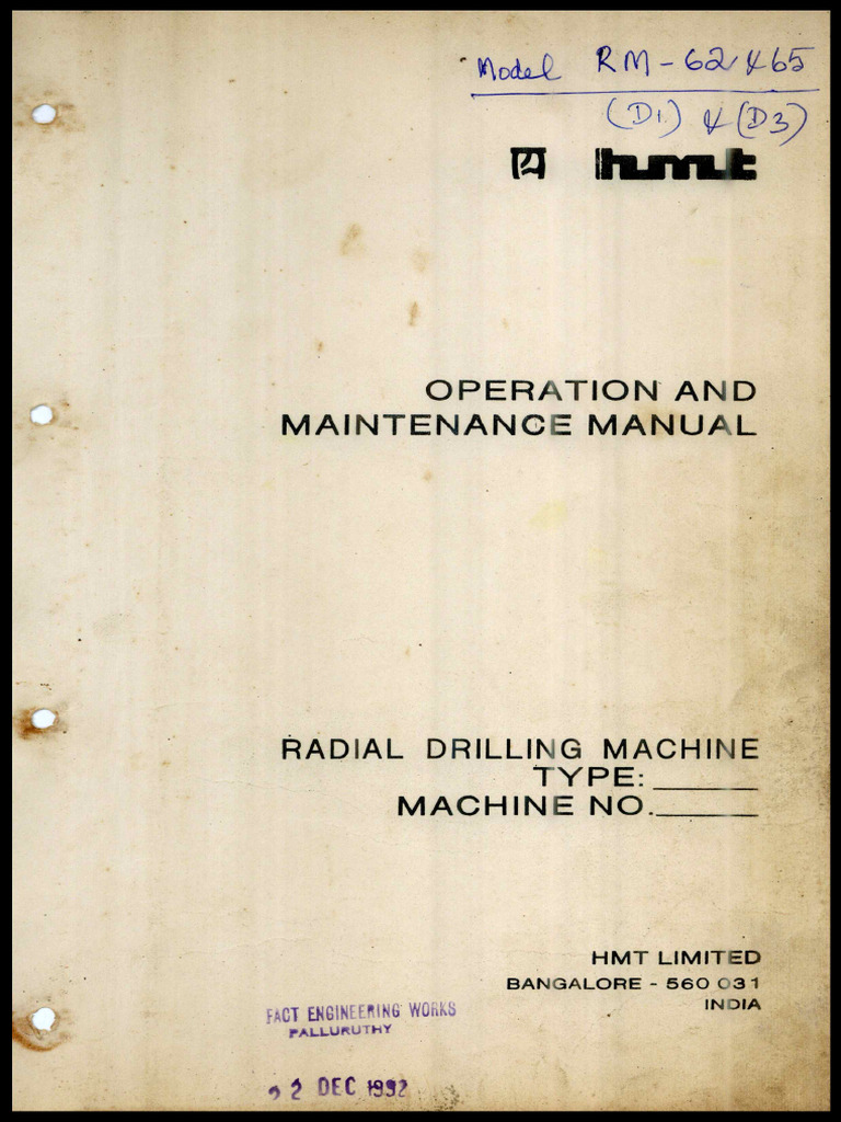 HMT RADIAL DRILLING MACHINE D1&D Oper | PDF