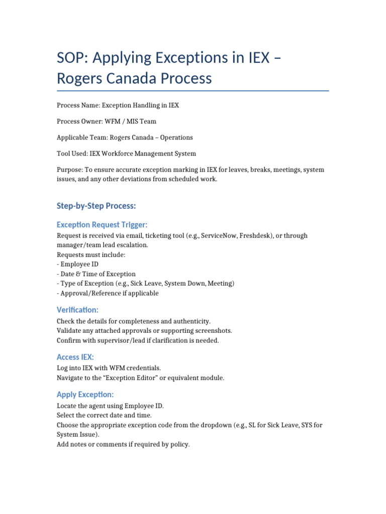 SOP Applying Exceptions IEX Rogers Canada | PDF