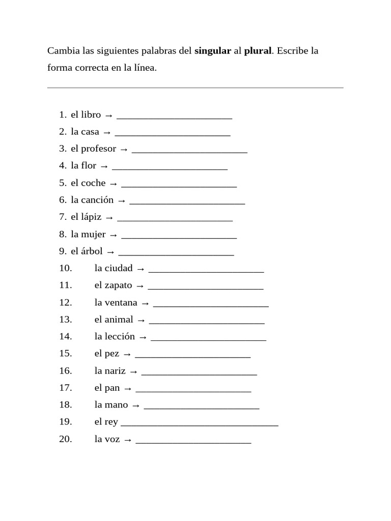 Ejercicios de Singular y Plural en Español | PDF
