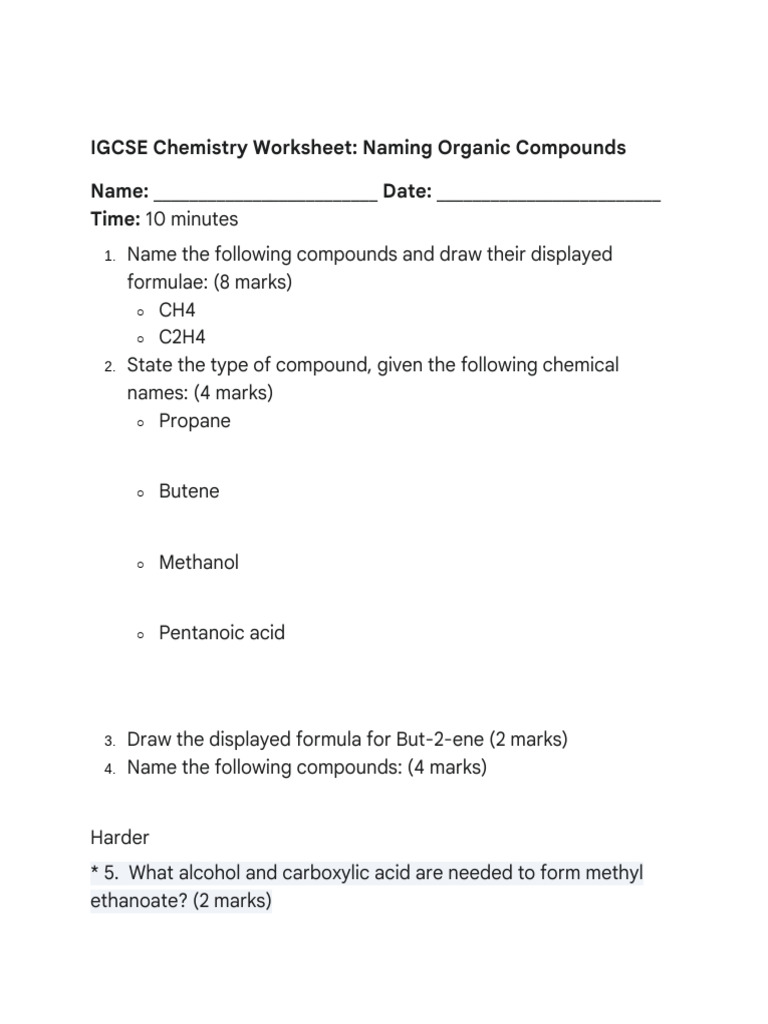IGCSE Chemistry Organic Naming Compounds | PDF