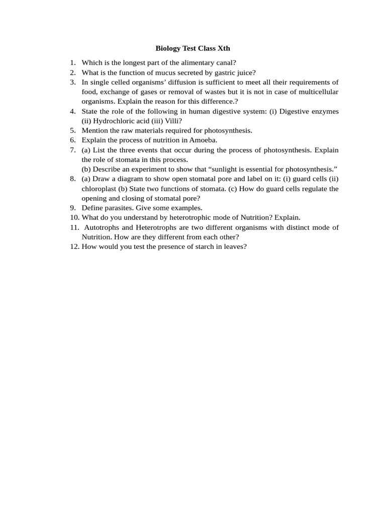 Biology Test Class XTH Life Process | PDF