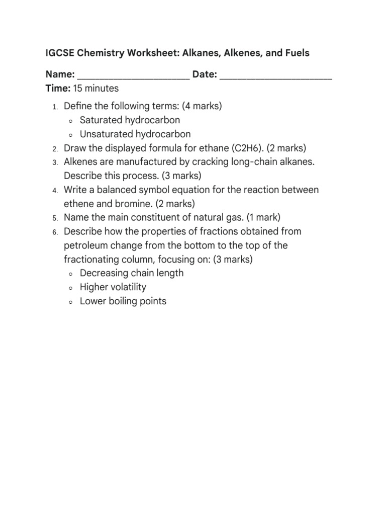 IGCSE Chemistry Worksheet Alkanes, Alkenes, and Fuels | PDF