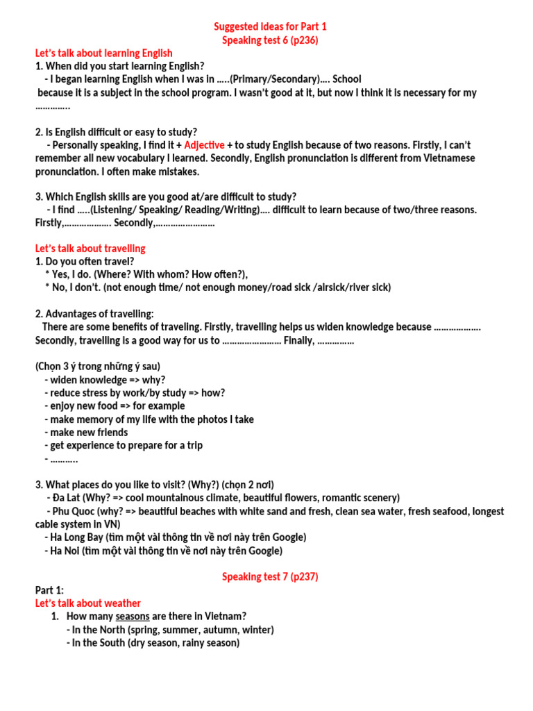 Speaking Part 1 Test 6-10 - Class | PDF | English Language