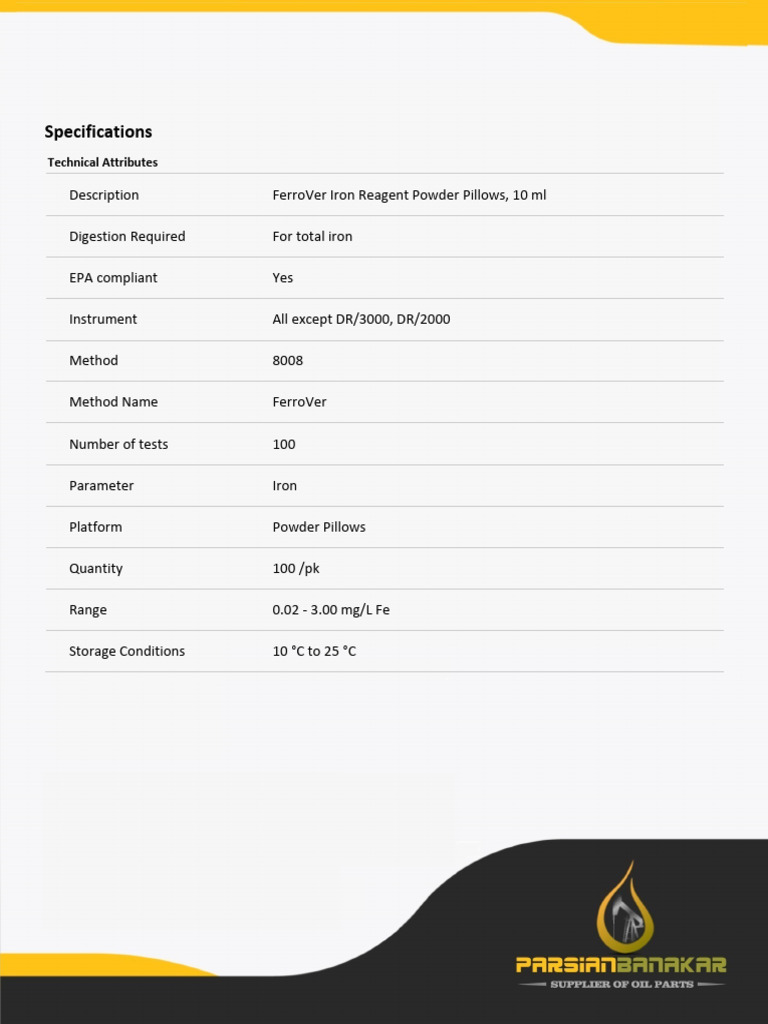 FerroVer® Iron Reagent Powder Pillows, 10 ML, PK - 100 - Hach-2105769 | PDF