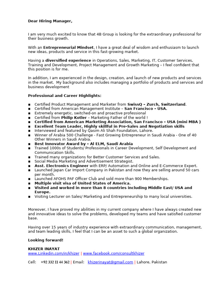 COVER LETTER - Khizer Inayat - Business Growth Manager | PDF | Marketing | Entrepreneurship