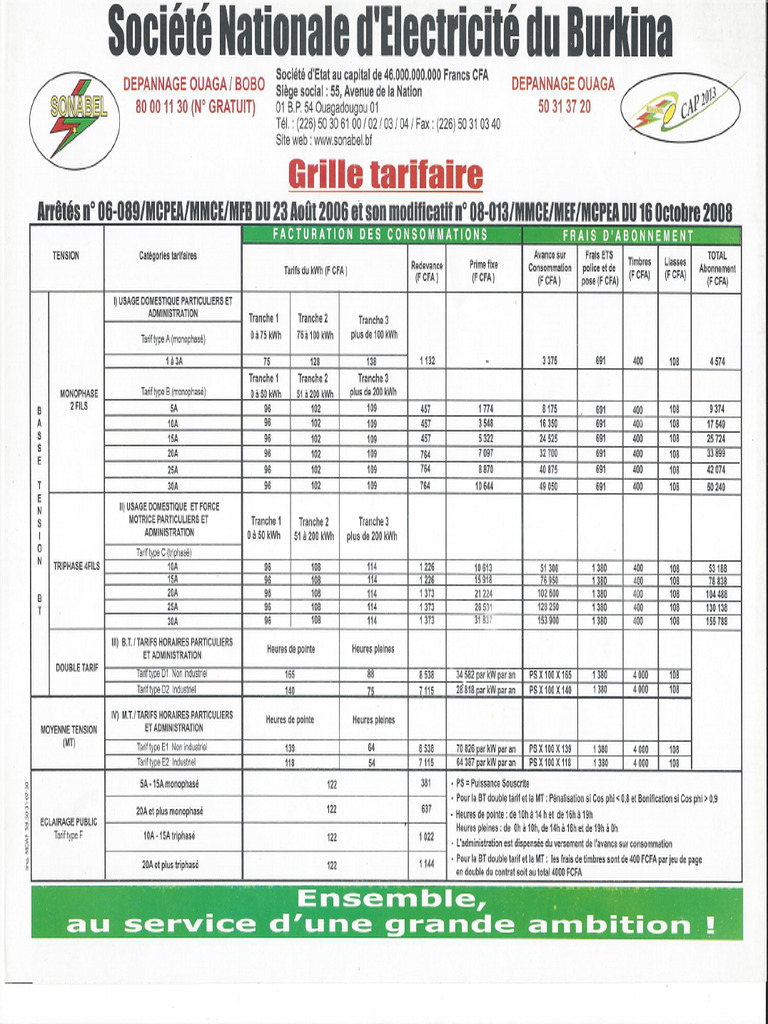 Grille Tarifaire de La SONABEL | PDF