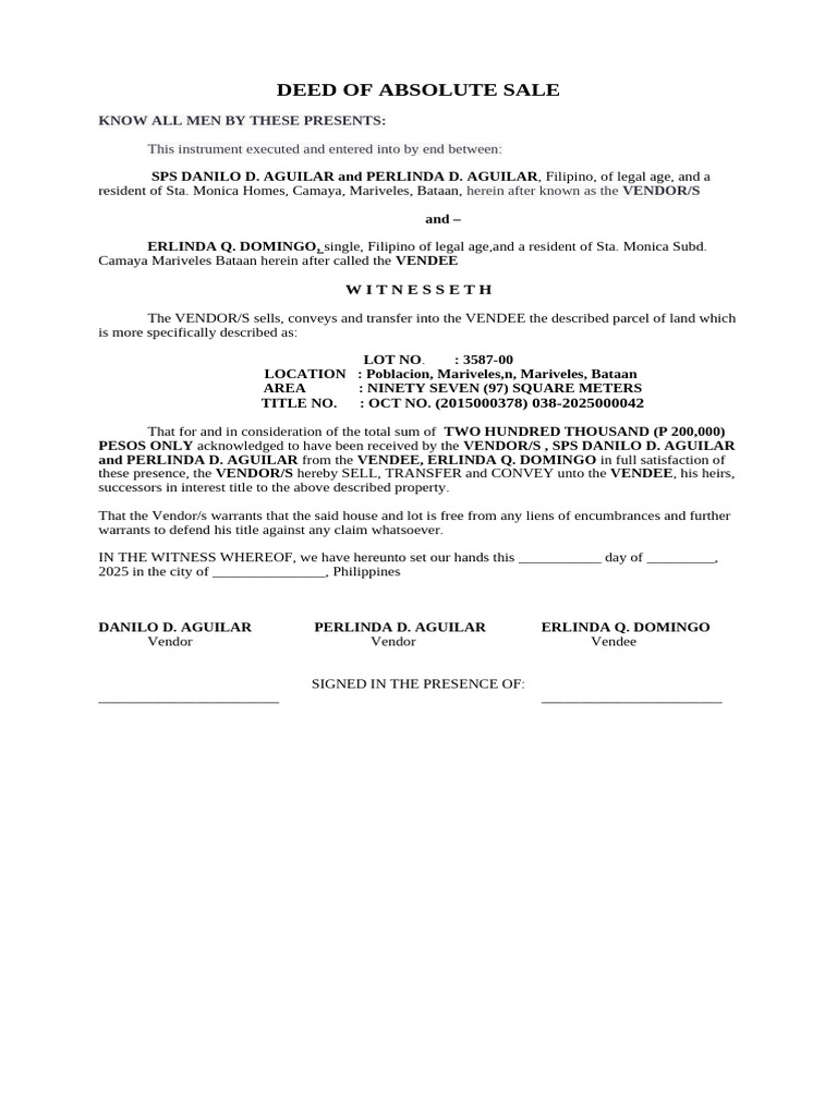 Deed of Absolute Sale: This Instrument Executed and Entered Into by End ...