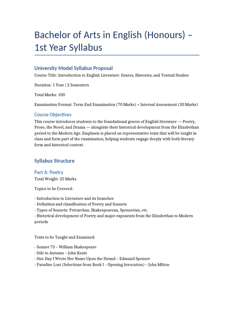 1st Year English Honours Syllabus | PDF | Poetry | English Literature