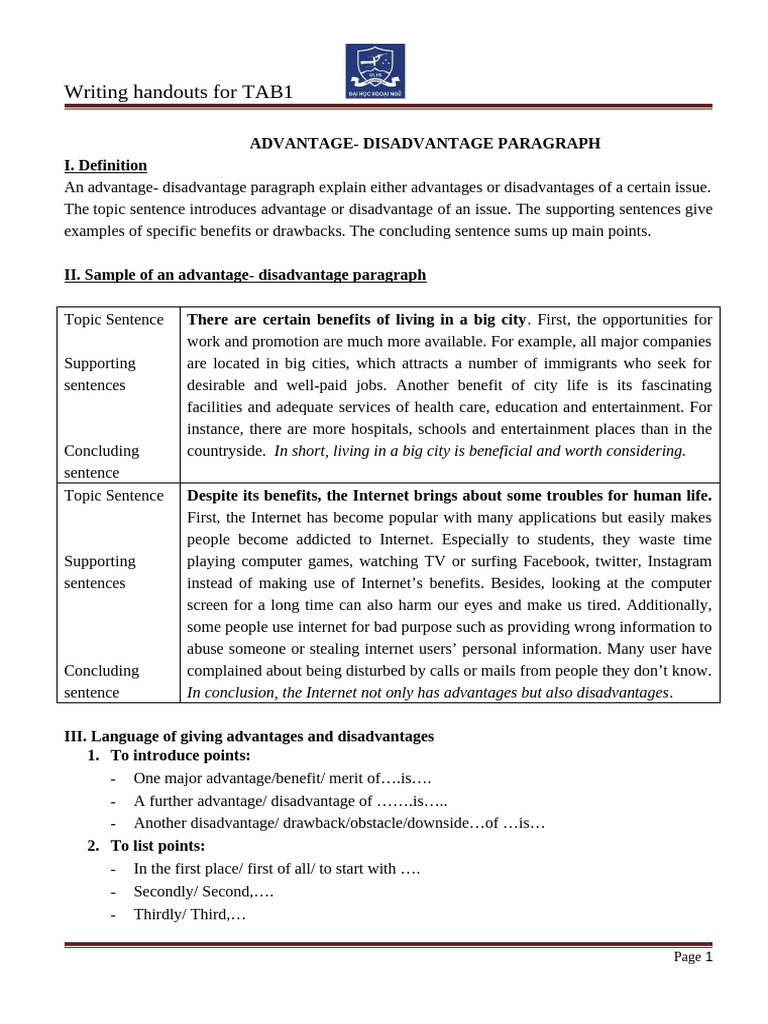 Writing Handout - AdvantageDisadvantageParagraph | PDF | Internet ...