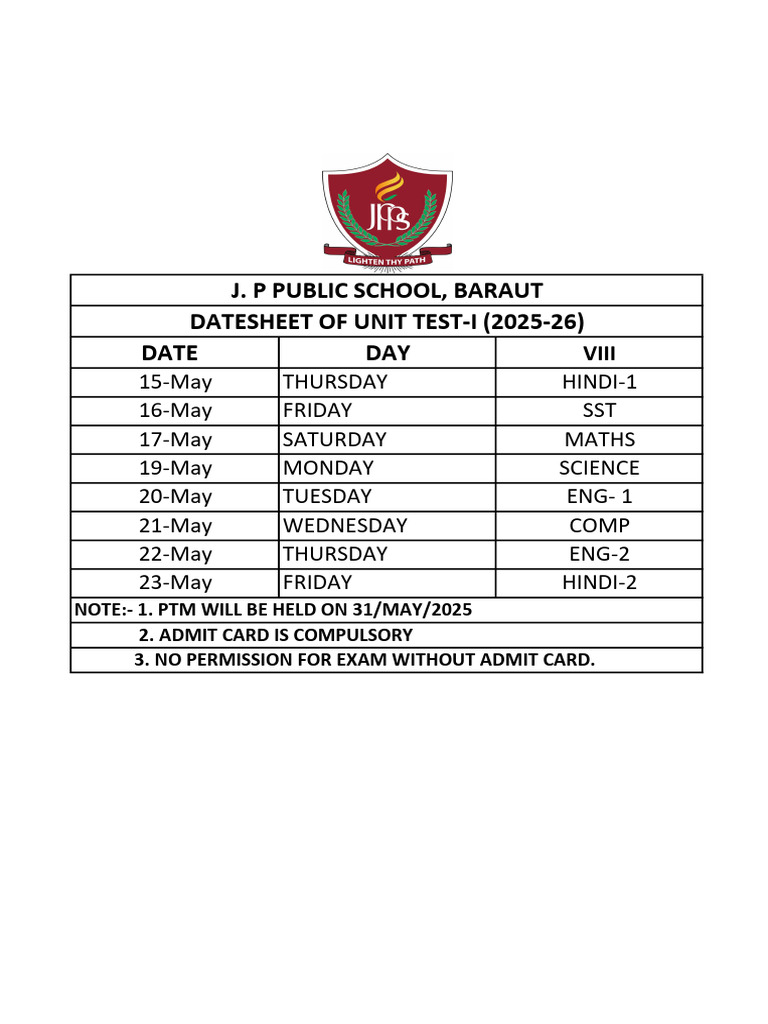 Datesheet of Class-Viii (2025-26) | PDF