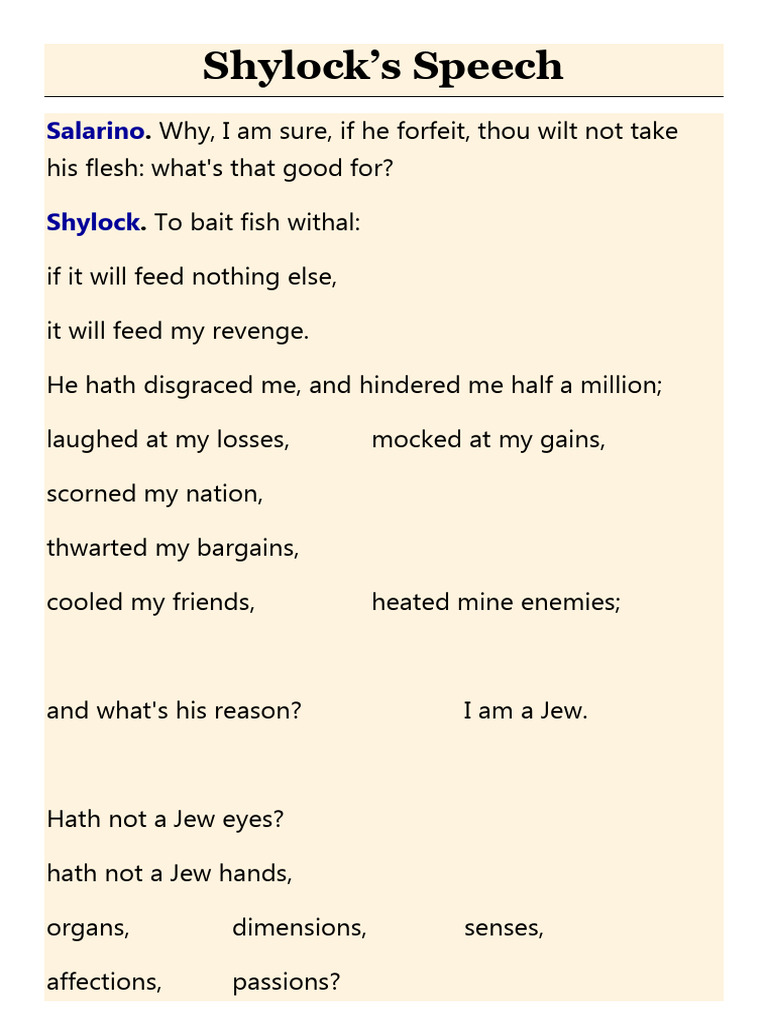 Shylock's Revenge Speech Analysis | PDF