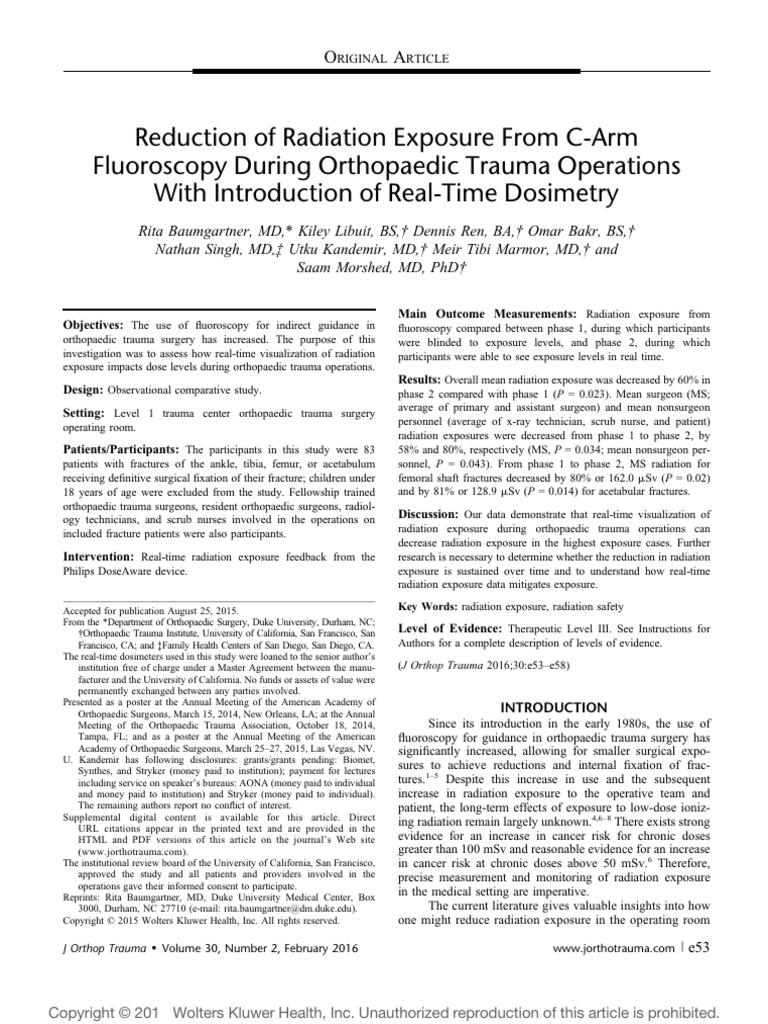 Reduction of Radiation Exposure From C-Arm Fluoros | PDF | Dosimetry ...