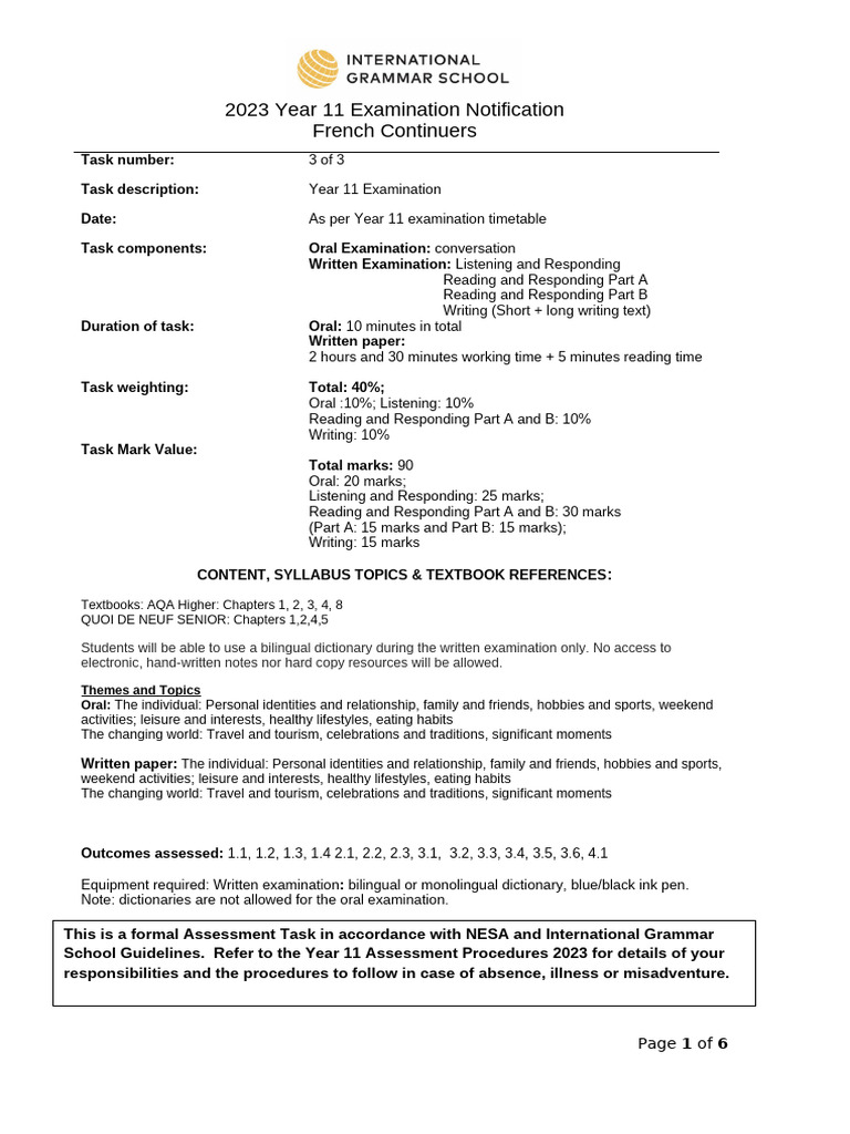 Year 11 French Exam Notification 2023 | PDF | Vocabulary | Information