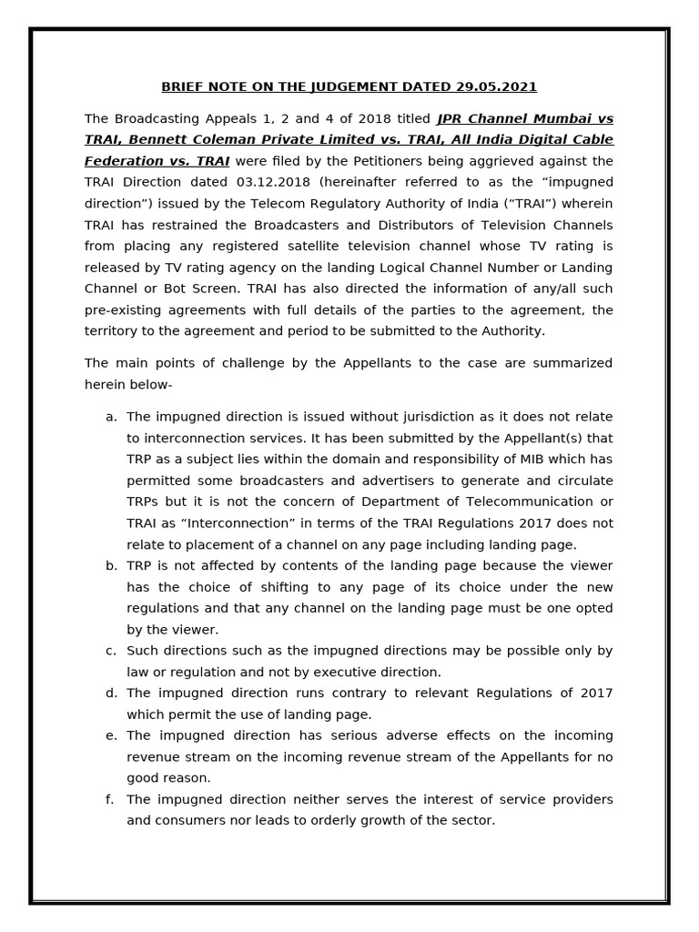 Brief Note On Landing Page Judgement Dated 29.05.2019 | PDF | Judgment (Law) | Appeal