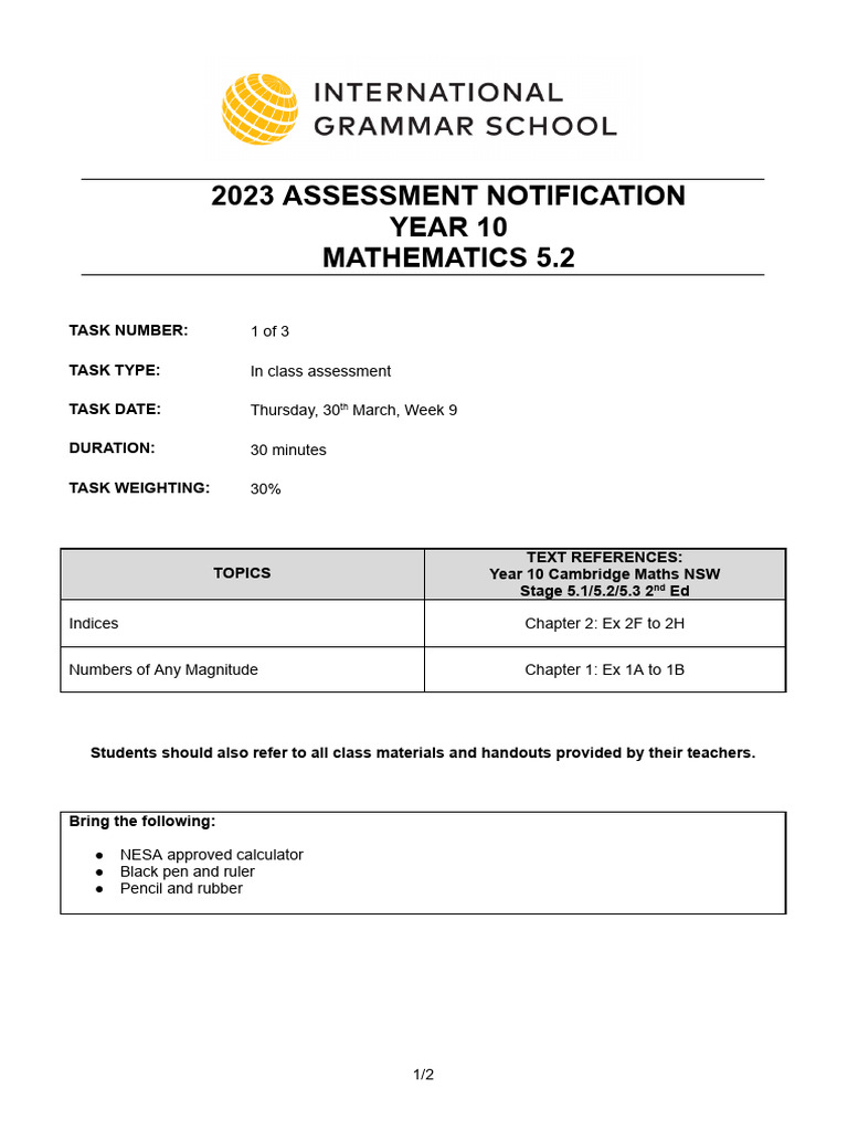 Year 10 Maths Assessment Notification | PDF