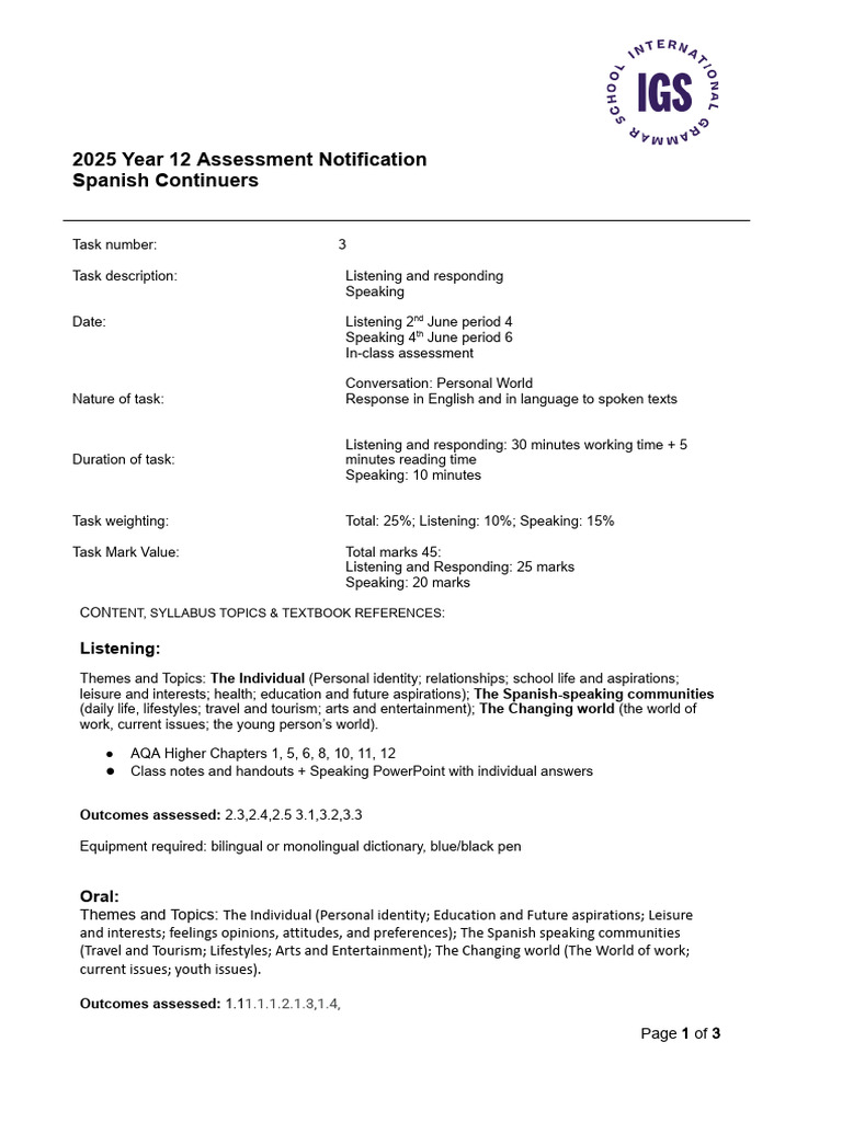 2024 - 2025 Year 12 Spanish Assessment Notification Task 3 | PDF ...