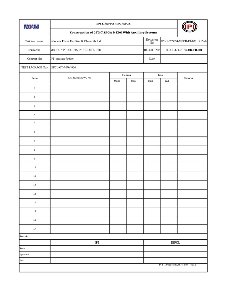 IPI-IR-709694-MECH-FT-027 Line Flushing Report | PDF