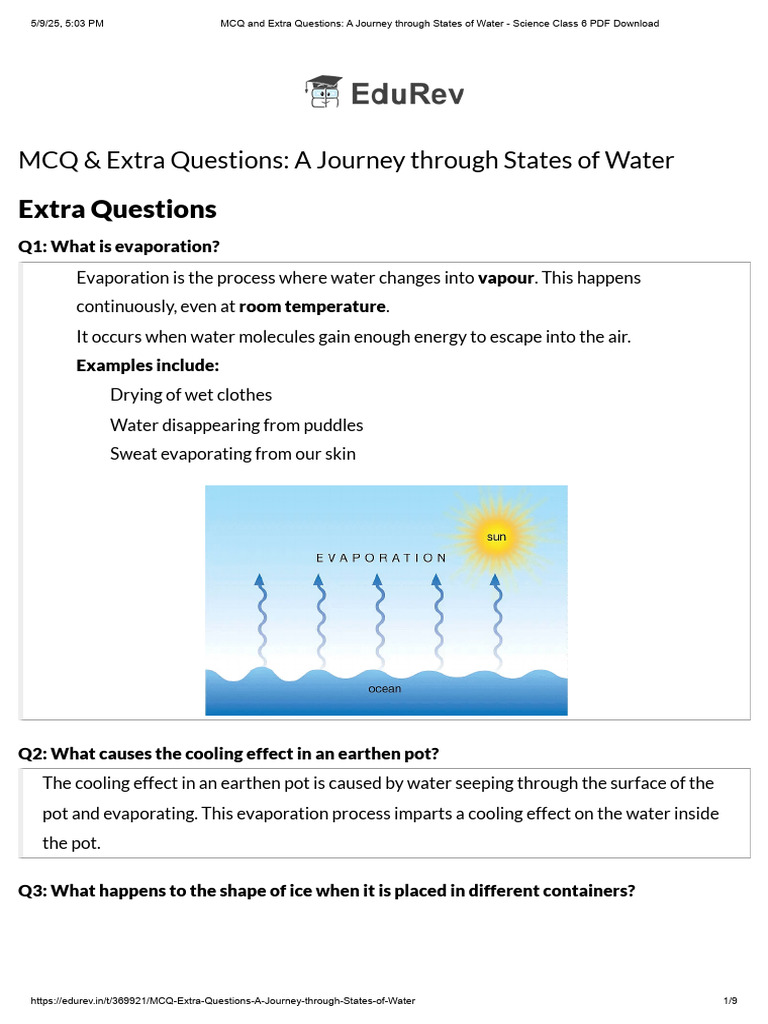 MCQ and Extra Questions - A Journey Through States of Water - CLASS EDU ...
