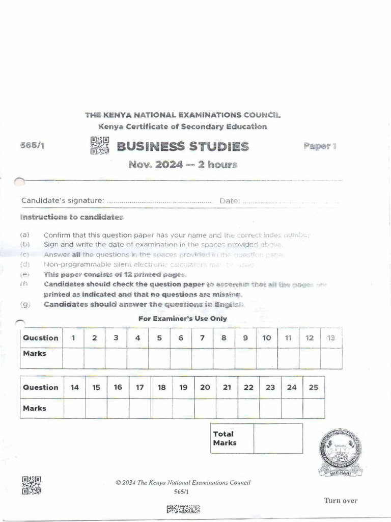 2024 Kcse Business Paper 1 | PDF