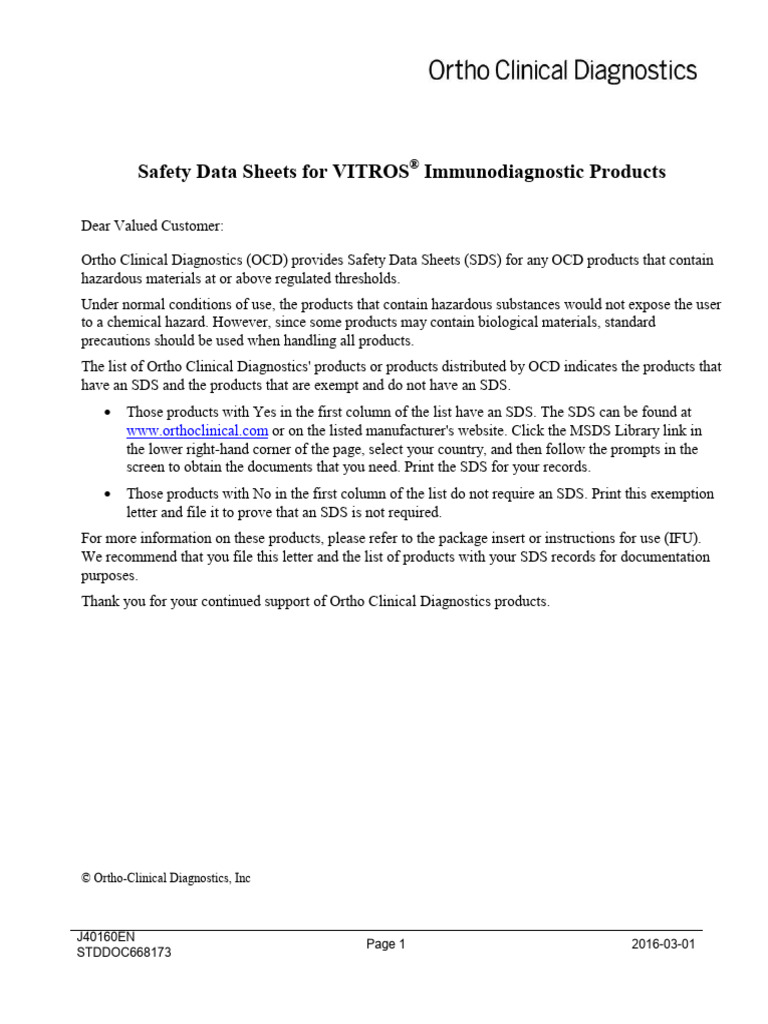 Vitros List of Available and and Unavailable MSDS | PDF | Endocrine System