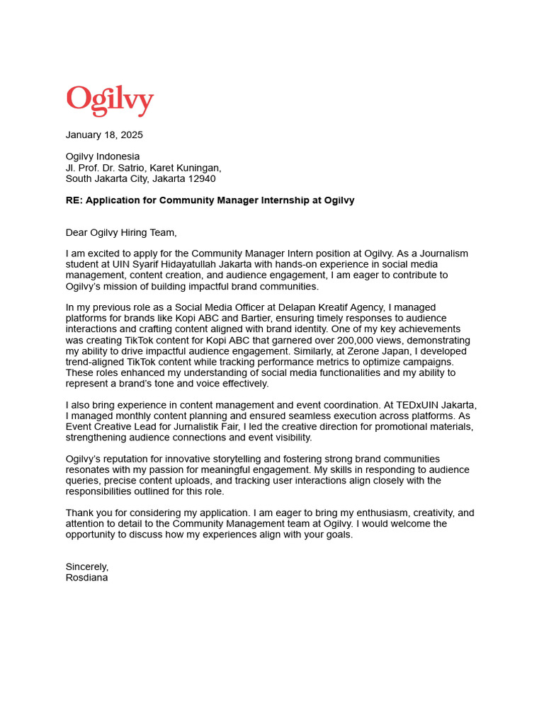 Cover Letter Community Manager Intern - Ogilvy Indonesia | PDF