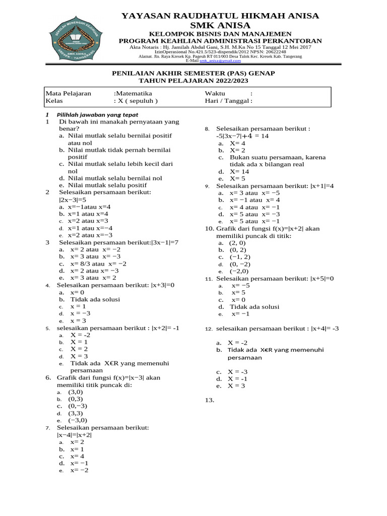 Soal Matematika Kls X SMT 1 | PDF
