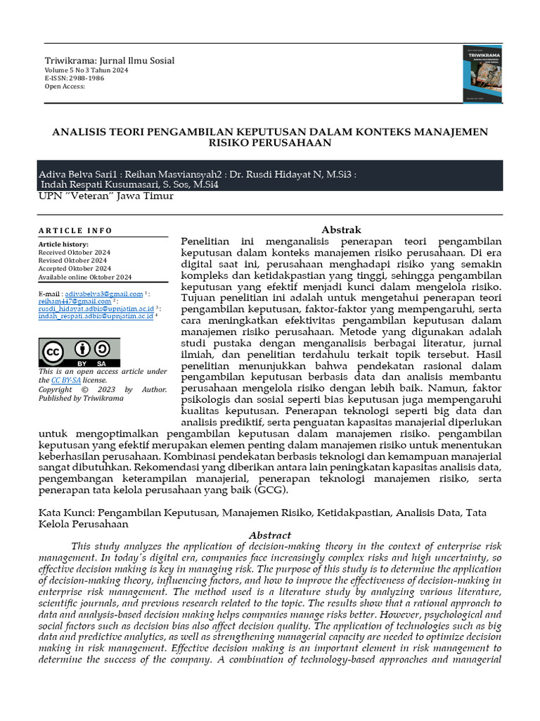 Analisis Teori Pengambilan Keputusan Dalam Konteks Manajemen Risiko Perusahaan1 | PDF