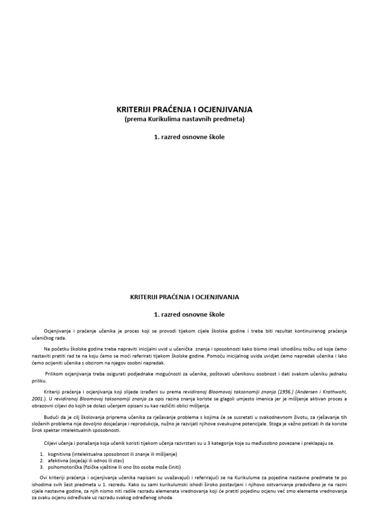 Kriteriji vrednovanja PRVI RAZRED | PDF