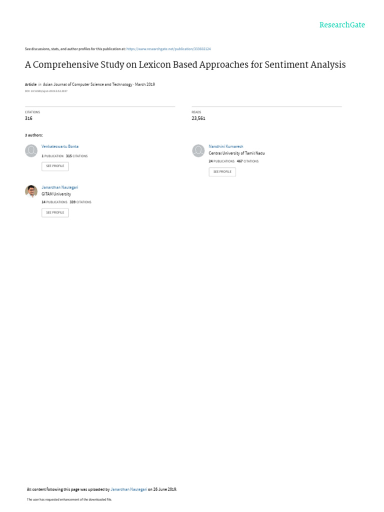 2019 - A Comprehensive Study On Lexicon Based Approaches For Sentiment Analysis | PDF | Machine ...