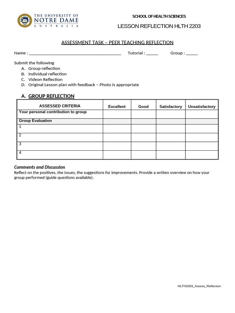 Peer Teaching Reflection for HLTH 2203 | PDF | Lesson Plan | Learning