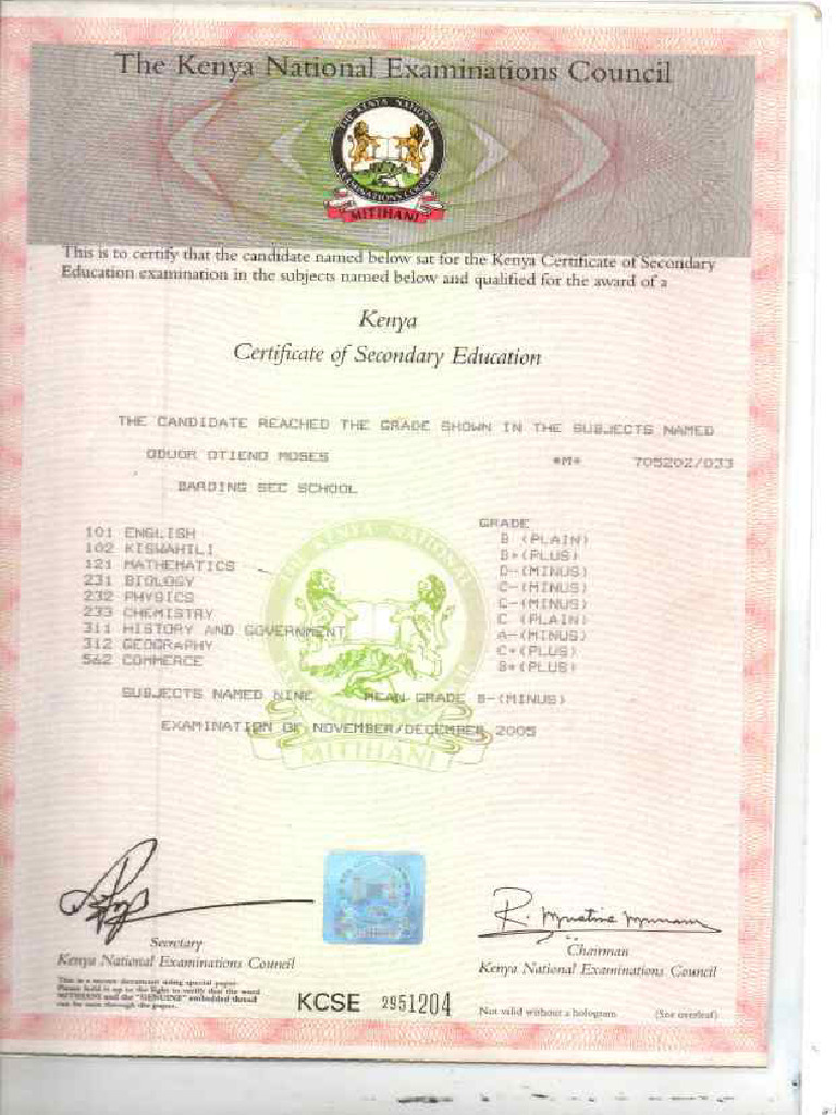 KCSE CERTIFICATE | PDF