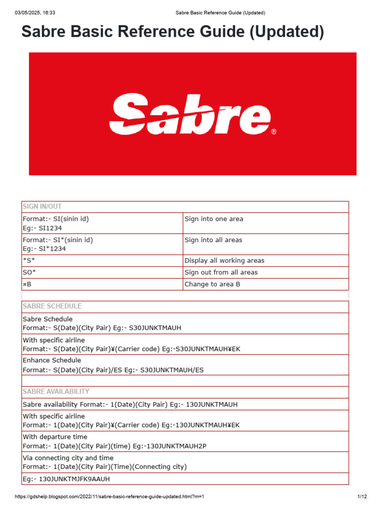 Sabre Basic Reference Guide (Updated) | PDF | Airlines | Computing