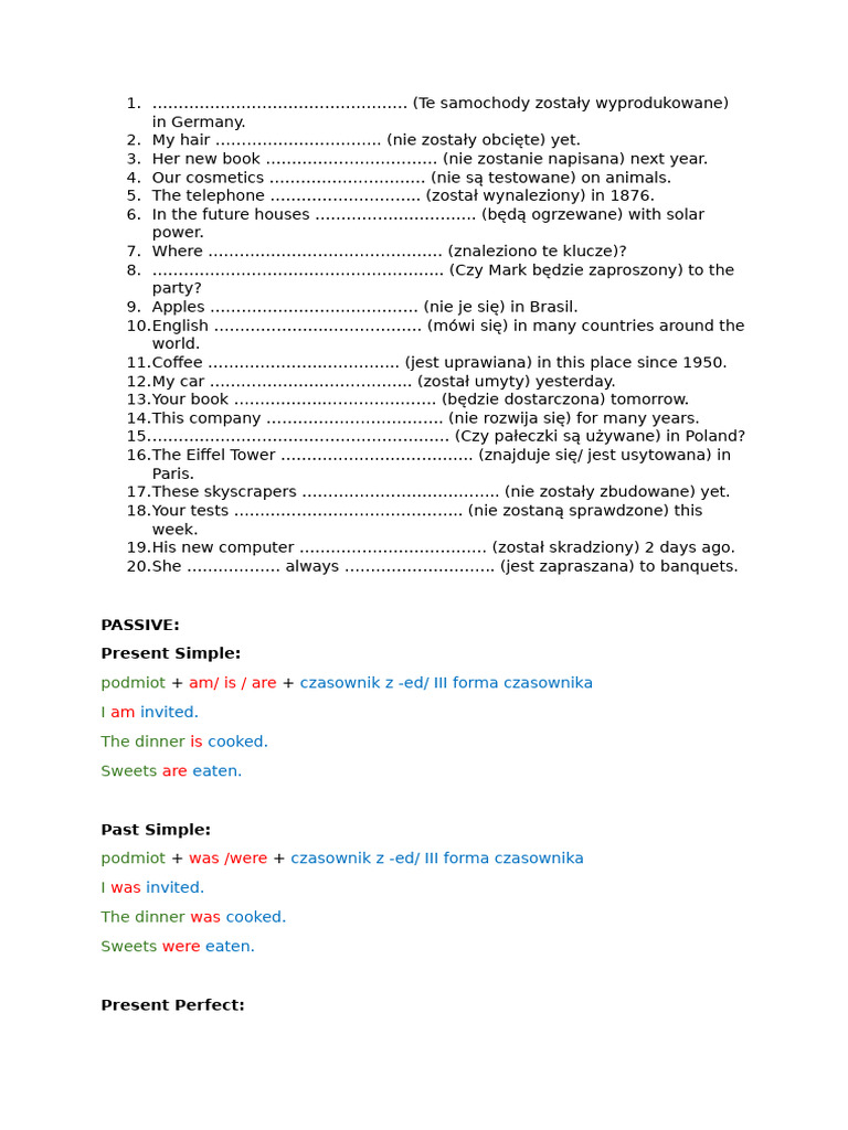 Passive Podstawowe Czasy Teoria I Zadania | PDF