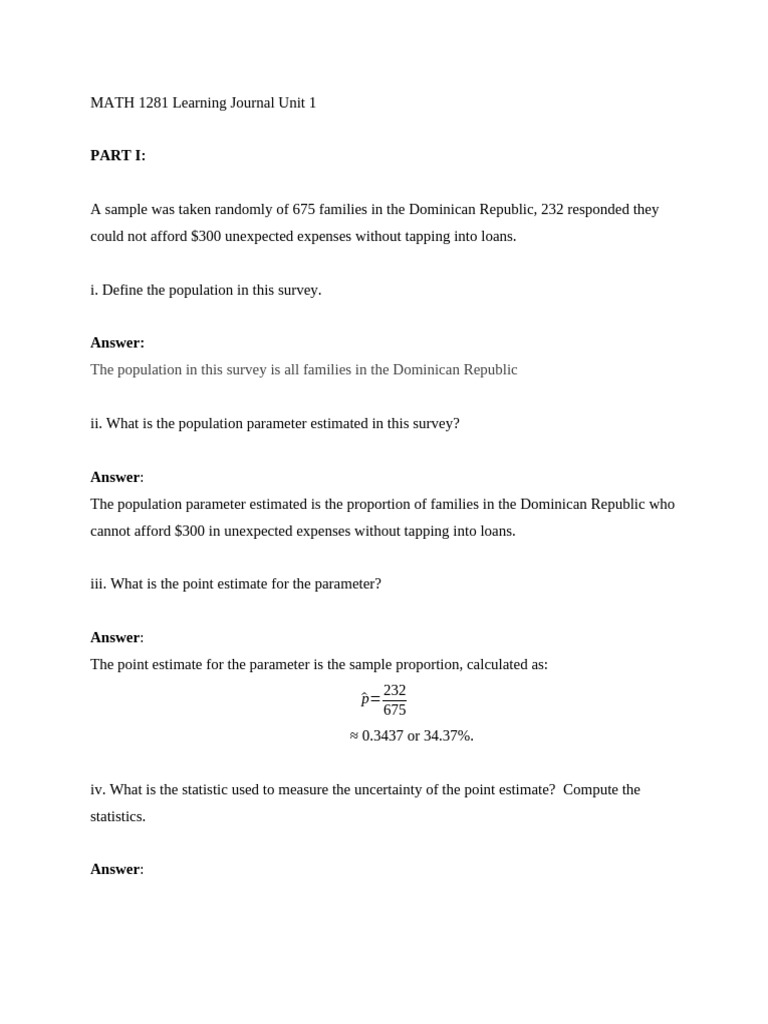 MATH 1281 Learning Journal Unit 1 Edited | PDF | Standard Error ...