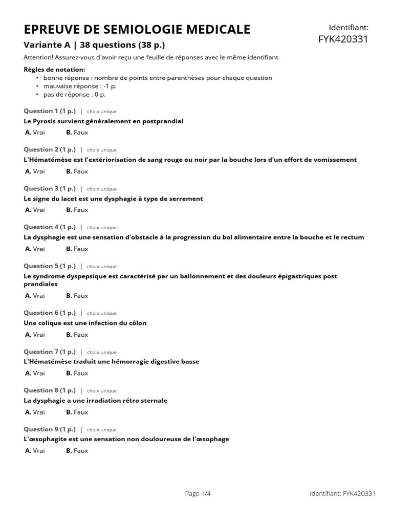 Épreuve de sémiologie médicale : 38 questions | PDF | Reflux gastro ...