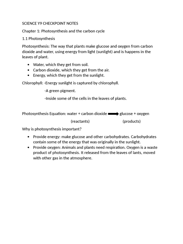 Science Y9 Checkpoint Notes (Chapter 1) | PDF | Photosynthesis | Leaf