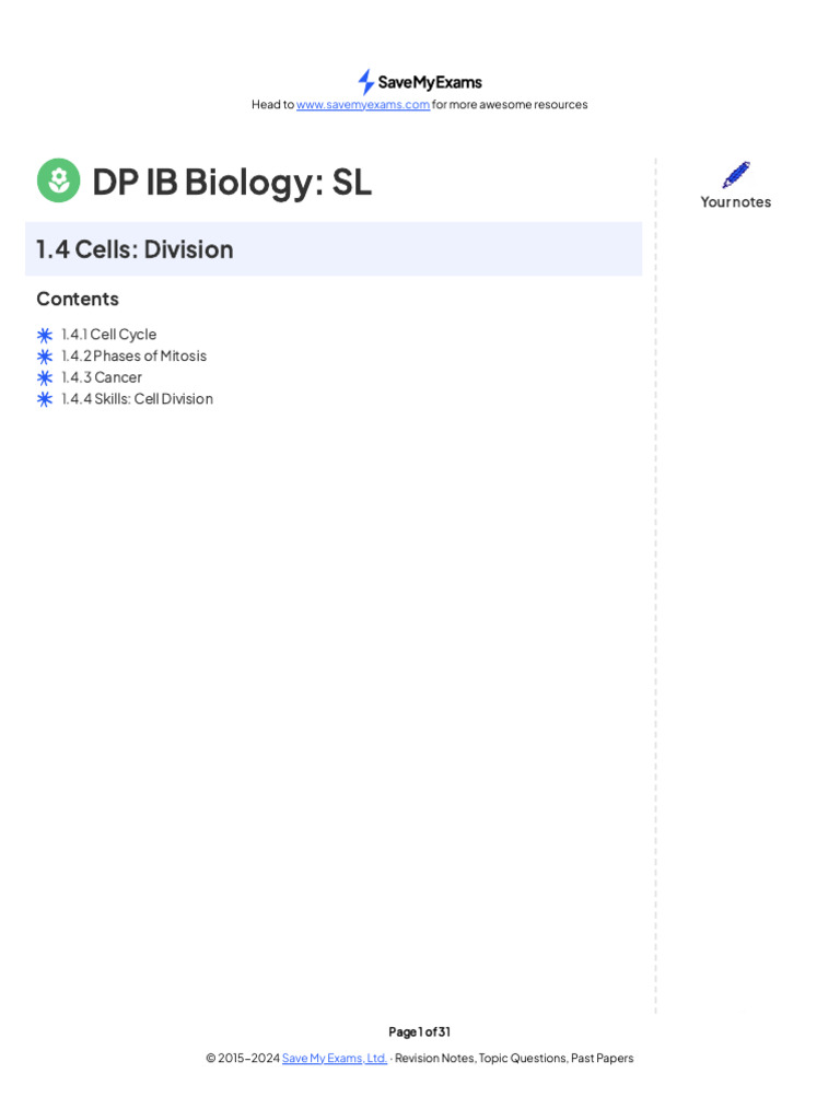 1.4 Cells Division IB Bio | PDF | Mitosis | Cell Cycle