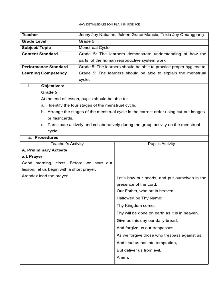 Multigrade 4a Lesson Plan | PDF | Menstrual Cycle | Female Mammals