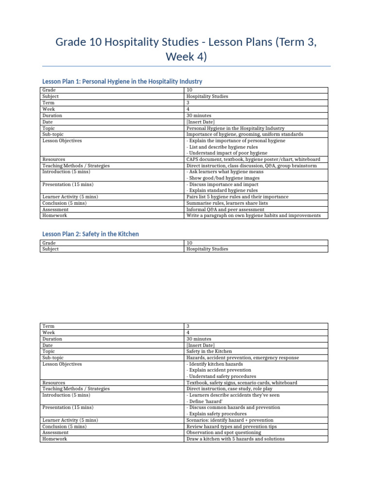 Grade 10 Hospitality Lesson Plans T3W4 | PDF | Lesson Plan | Teaching ...