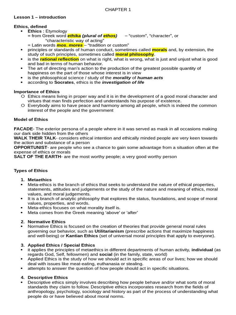 Ethics Chapter 1 Lesson 1 | PDF | Liberal Arts Education