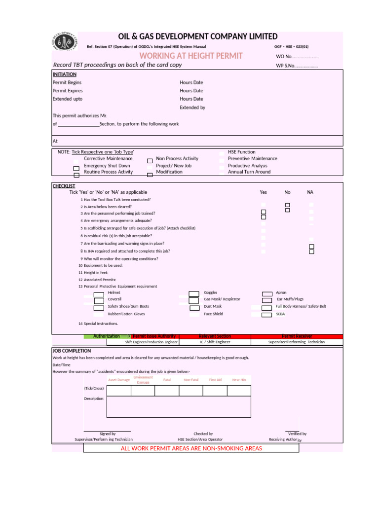 HSE 25 Working at Height Permit Template | PDF | Occupational Safety ...