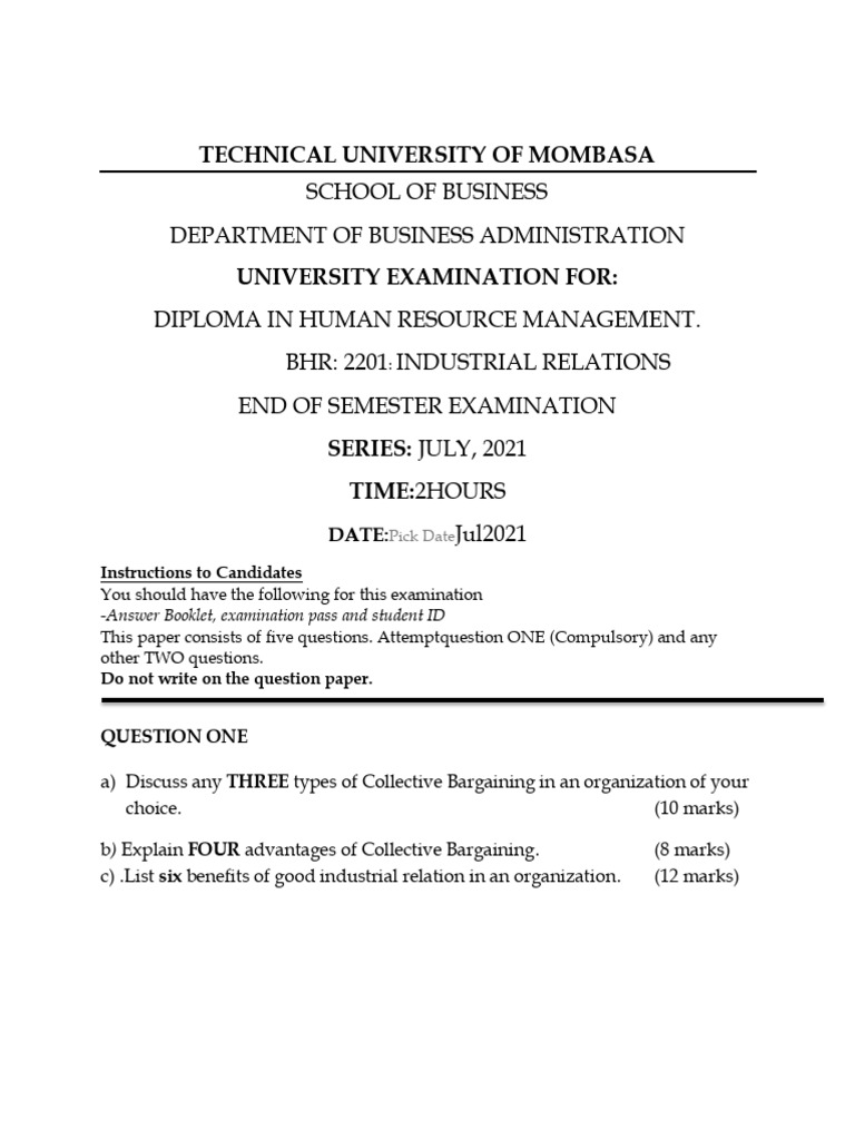BHR 2201 - Industrial Relations | PDF | Trade Union | Human Resource Management